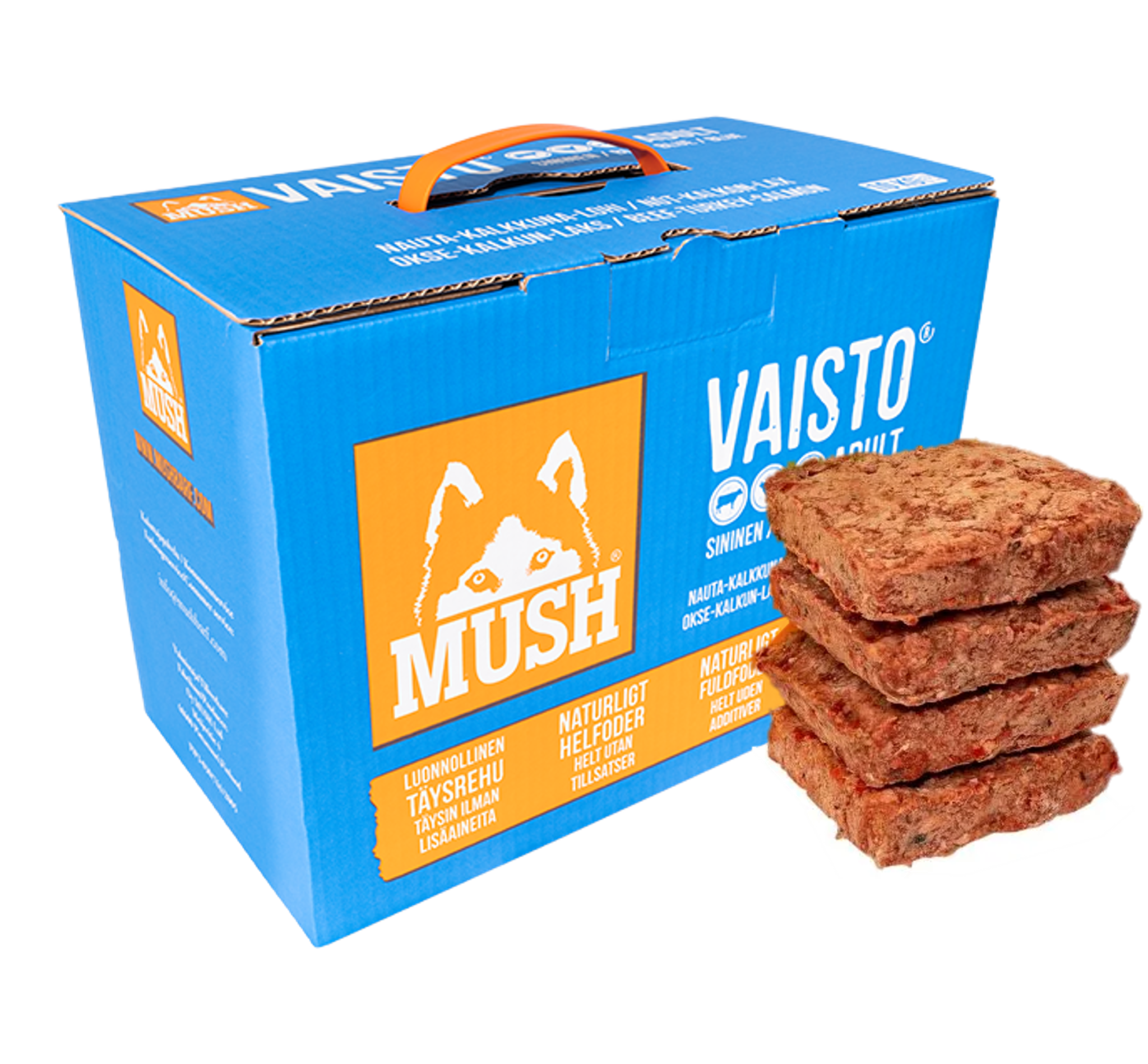 MUSH Vaisto® Blå (okse, kalkun, laks) 10 kg (42 x 240 g) – Hvitvedgaard ...
